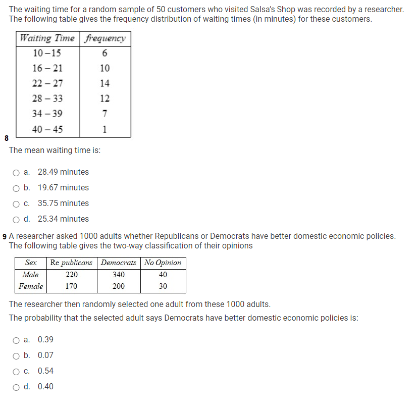 Solved The waiting time for a random sample of 50 customers | Chegg.com