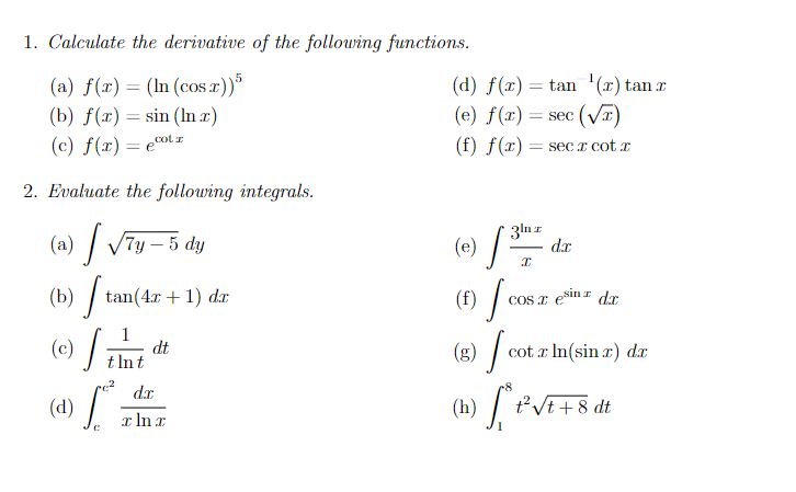 Solved 1. Calculate the derivative of the following | Chegg.com