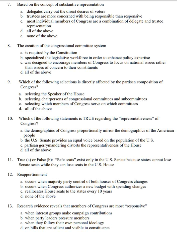 7. Based on the concept of substantive representation | Chegg.com