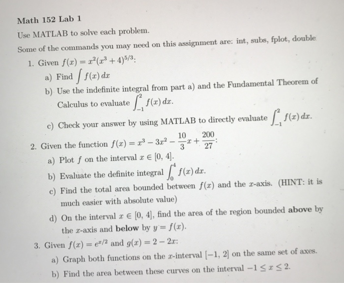 Solved Math 152 Lab 1 Use MATLAB to solve each problem. Some | Chegg.com
