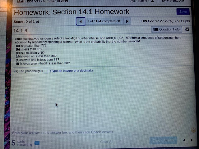 Solved Math 1351 V31 - Summer III 2019 Aylin barrera • 119 | Chegg.com