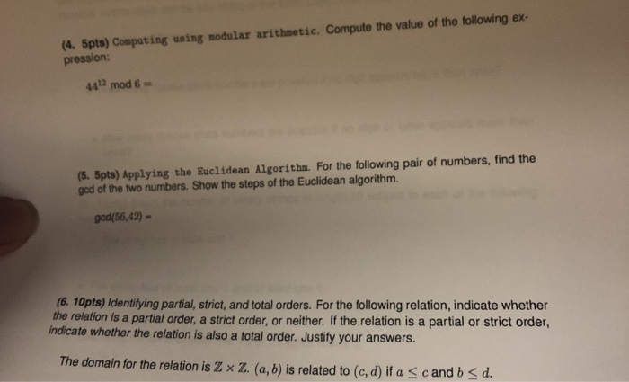 Solved (4. 5pts) Computing using modular arithmetic. Compute | Chegg.com
