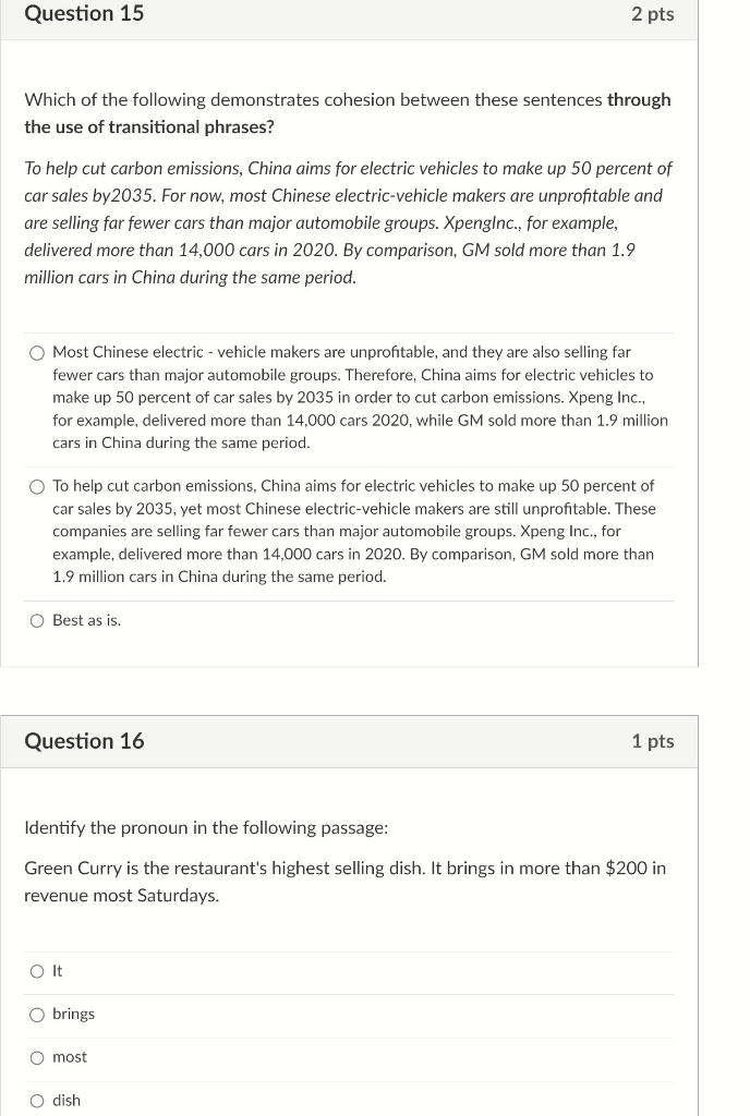 Question 14 1 pts Choose the answer that best | Chegg.com
