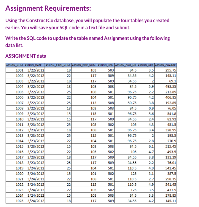 Assignment Requirements: Using the ConstructCo | Chegg.com