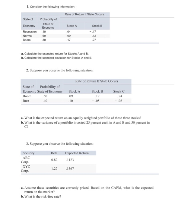 Solved 1. Consider the following information: Rate of Return | Chegg.com