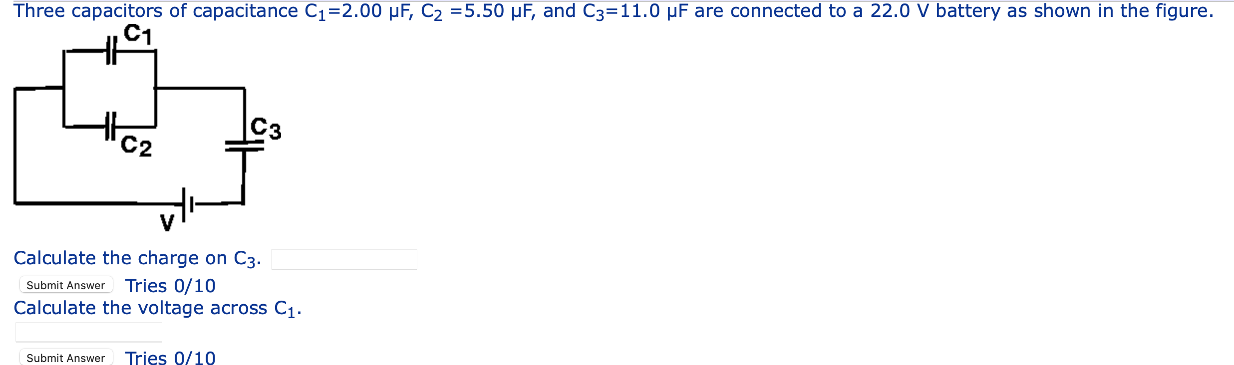 Solved Three capacitors of capacitance C1=2.00 pF, C2 =5.50 | Chegg.com