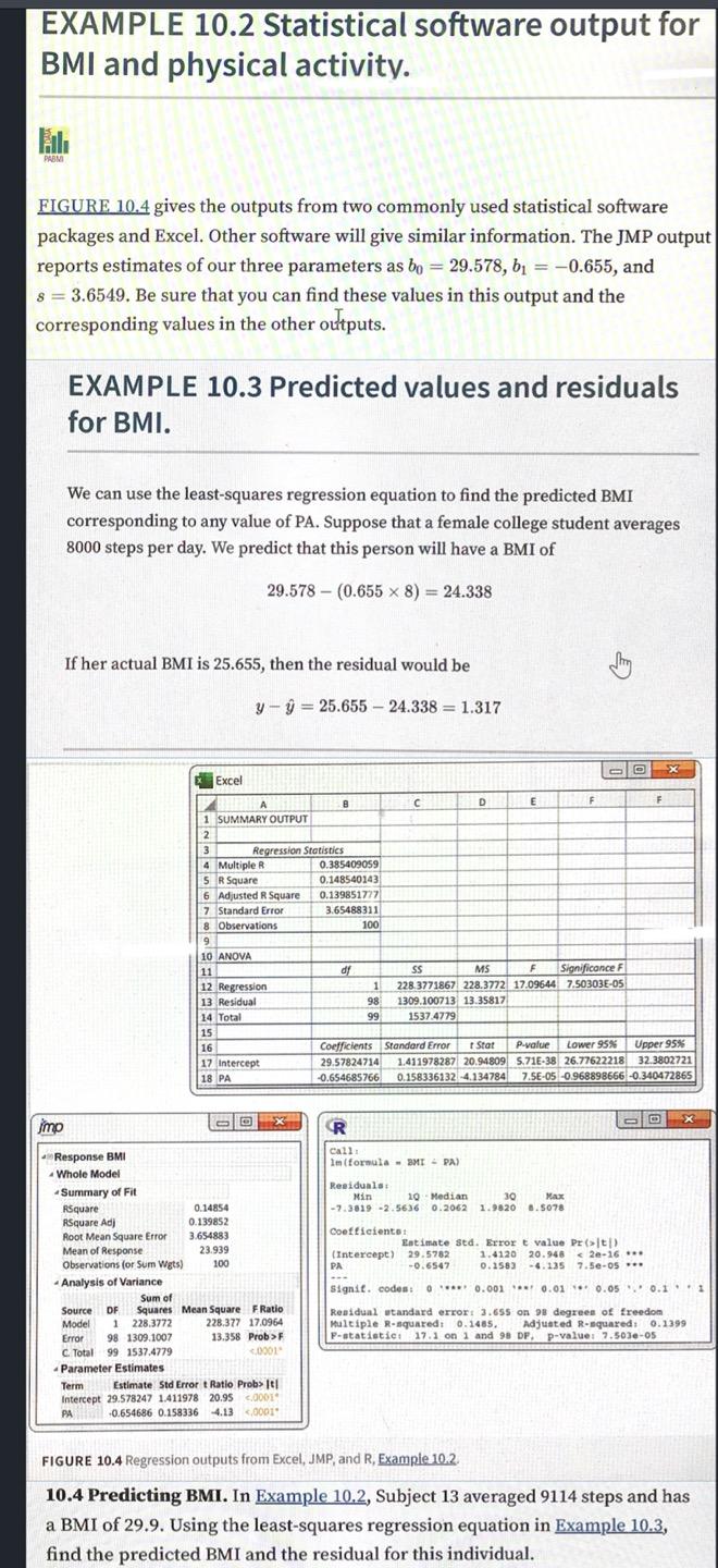 Solved EXAMPLE 10.2 Statistical software output for BMI and | Chegg.com