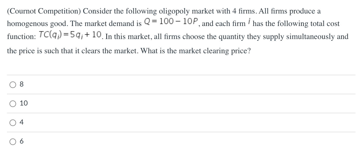 Solved (Cournot Competition) Consider the following duopoly | Chegg.com