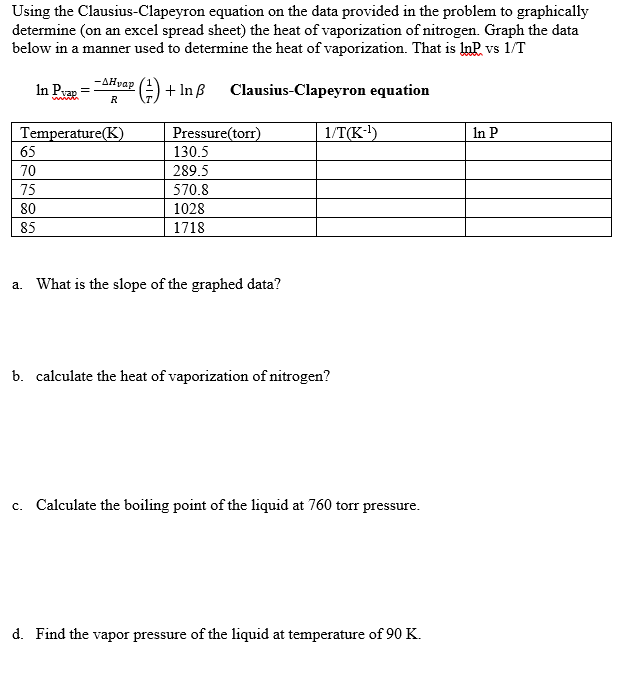 Solved Using the Clausius-Clapeyron equation on the data | Chegg.com