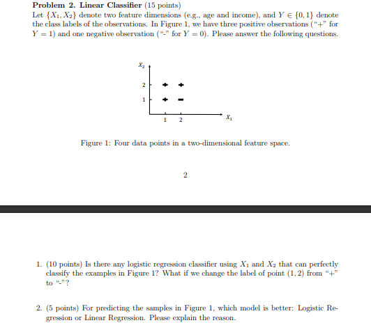Solved Problem 2. Linear Classifier (15 points) Let {X1, X2} | Chegg.com