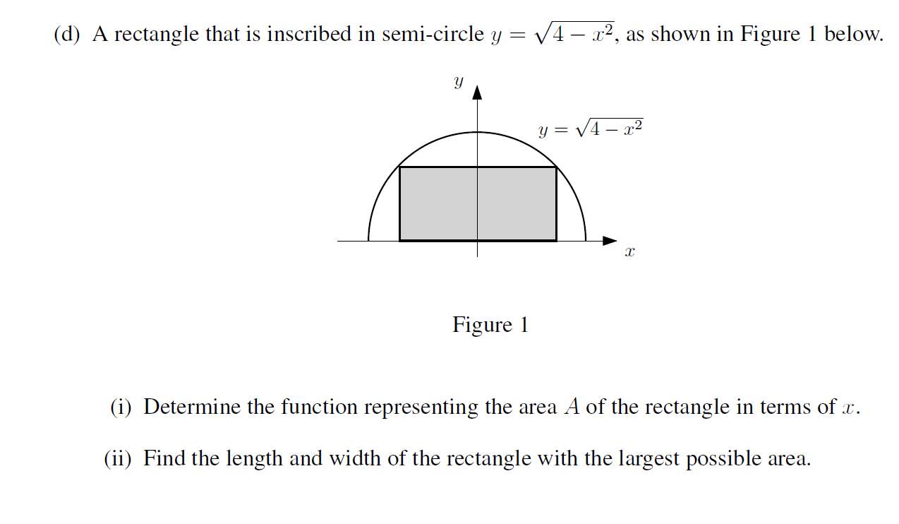 Solved (d) A rectangle that is inscribed in semi-circle y = | Chegg.com