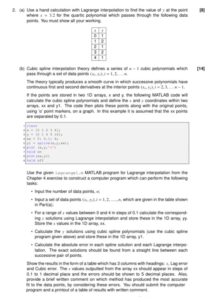 Solved 2. (a) Use a hand calculation with Lagrange | Chegg.com