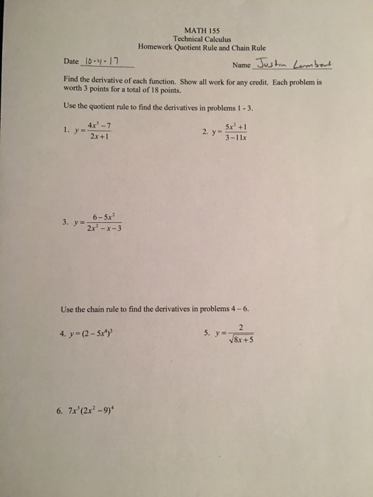 Solved MATH 155 Technical Calculus Homework Quotient Rule | Chegg.com