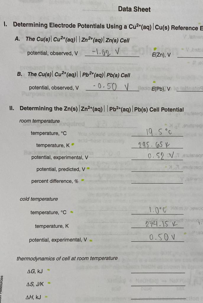 Data Sheet I. Determining Electrode Potentials Using | Chegg.com