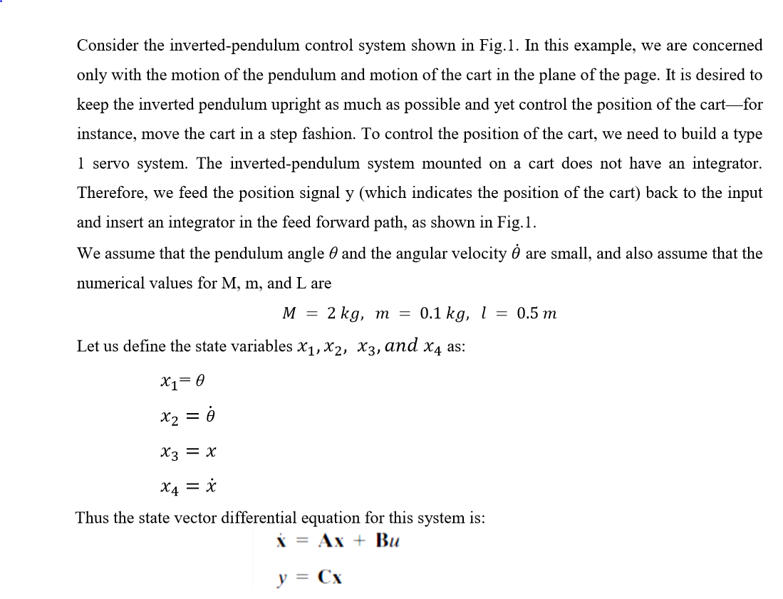 Solved Consider the inverted-pendulum control system shown | Chegg.com