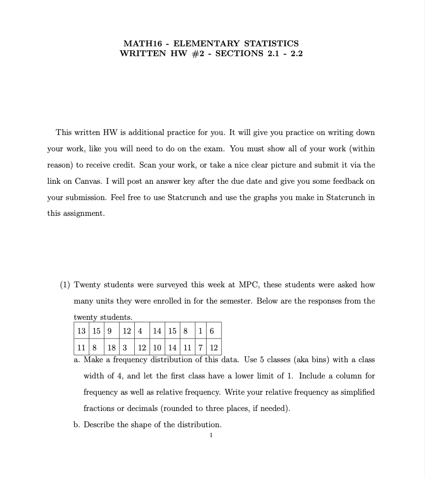 Solved MATH16 - ELEMENTARY STATISTICS WRITTEN HW \#2 - | Chegg.com
