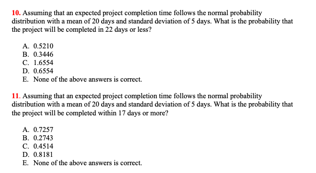 Solved 10. Assuming that an expected project completion time | Chegg.com