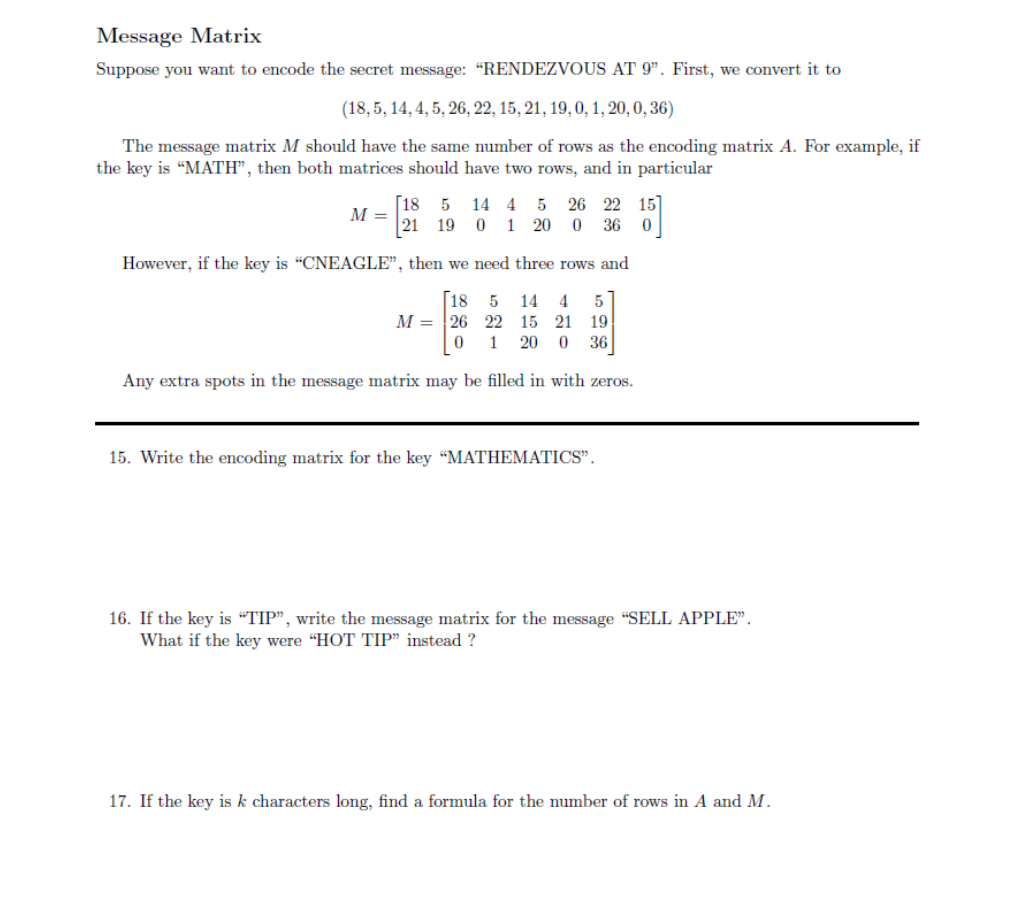 Solved Message Matrix Suppose you want to encode the secret | Chegg.com