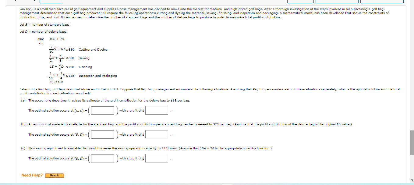Solved Let S= number of standard bags. Let D= number of | Chegg.com