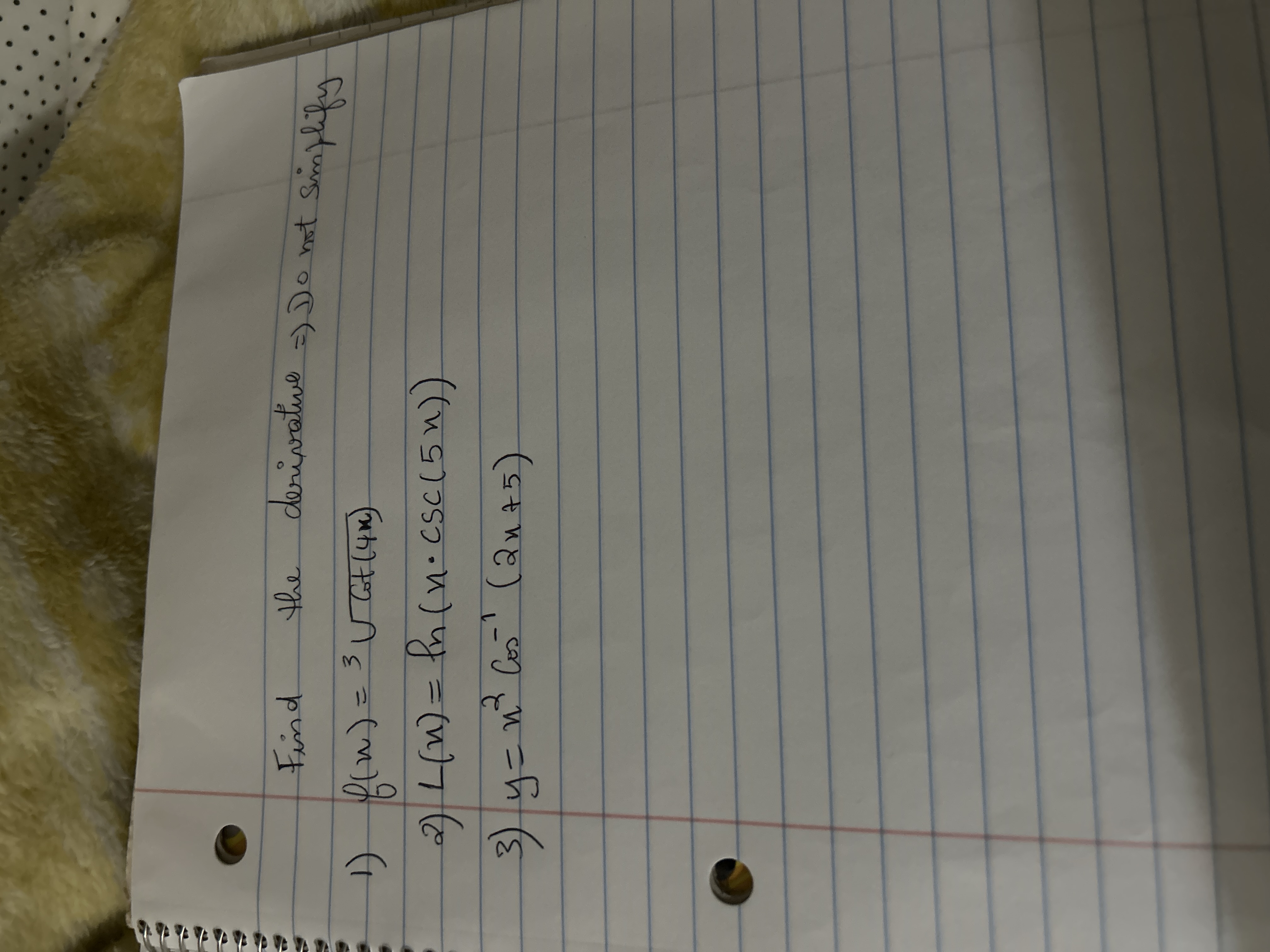 Solved f(x)=cot(4x)3L(x)=ln(x*csc(5x))y=x2cos-1(2x+5)please | Chegg.com