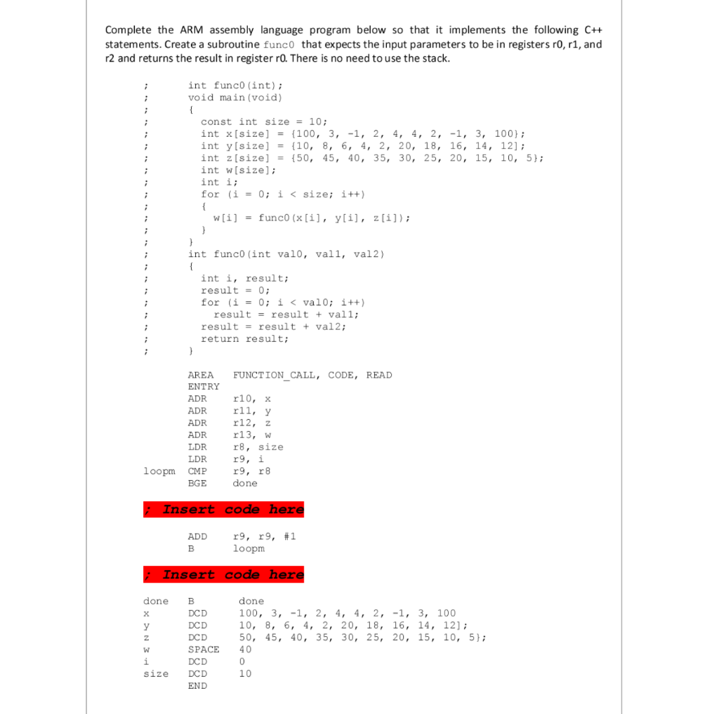 Complete the ARM assembly language program below so | Chegg.com