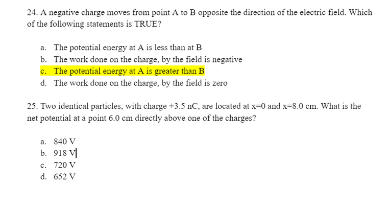 Solved 24. A negative charge moves from point A to B | Chegg.com