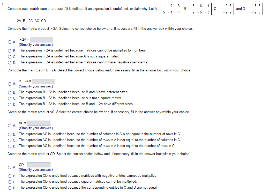 Solved −2 A, B−2 A,AC,CD Compute the matrix product −2 A. | Chegg.com