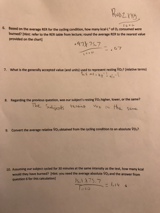 6. Based on the average RER for the cycling | Chegg.com
