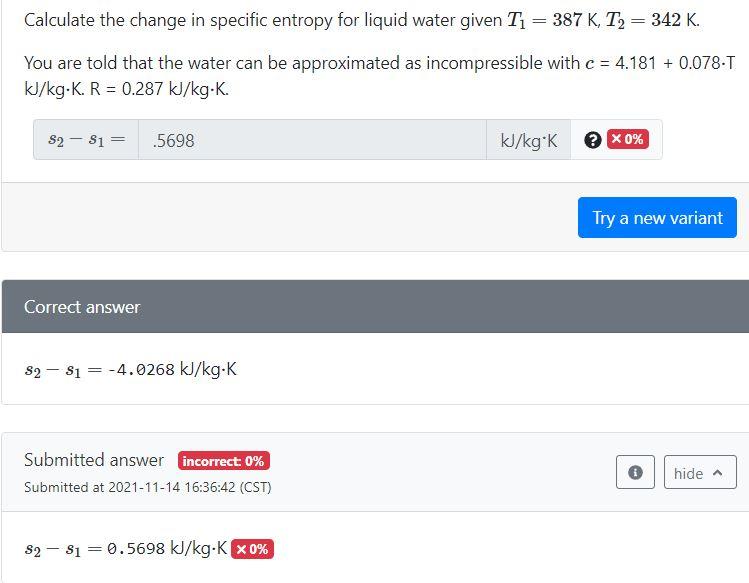 Solved Calculate the change in specific entropy for liquid | Chegg.com