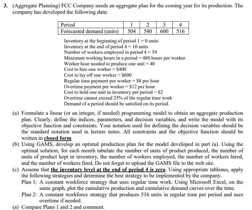 Solved by an EXPERT 3. (Aggregate Planning) ﻿FCC Company needs an | Chegg.com