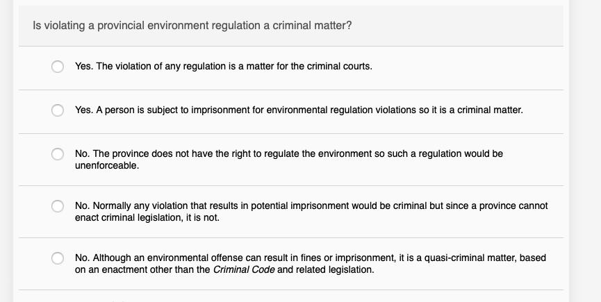 Solved Is violating a provincial environment regulation a | Chegg.com