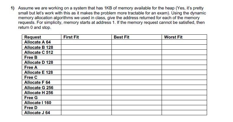 Solved 1) Assume we are working on a system that has 1KB of | Chegg.com