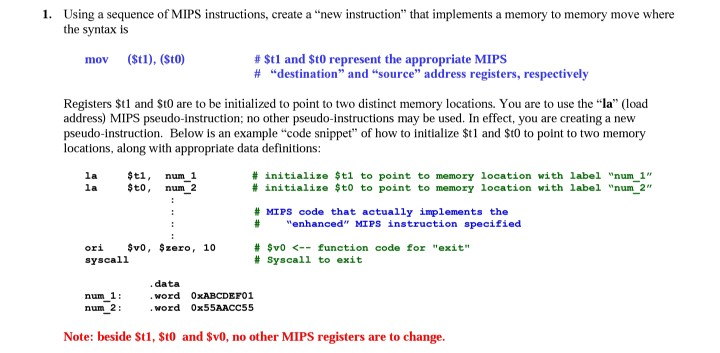 Solved 1. Using a sequence of MIPS instructions, create a | Chegg.com