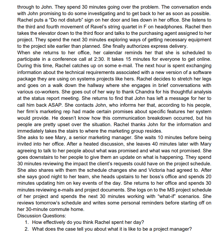 Solved Case Study: A Day in the Life Rachel, the project | Chegg.com