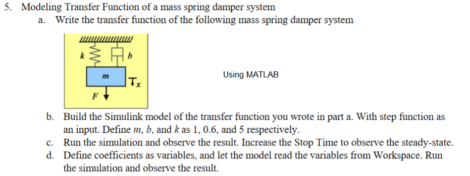 Solved 5. Modeling Transfer Function of a mass spring damper | Chegg.com