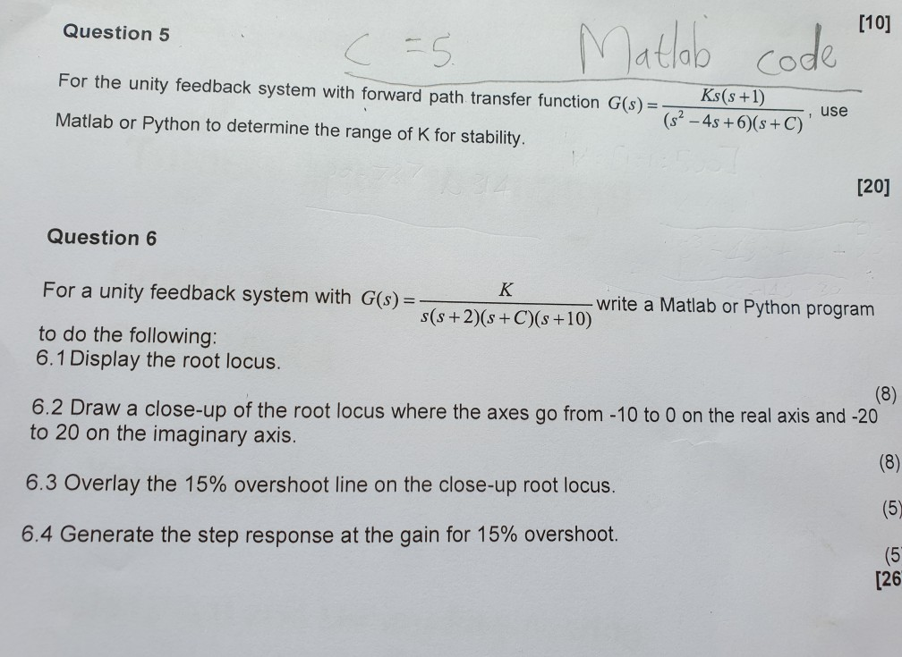 Solved C = 5. Using matlab. Question 5. For the unity | Chegg.com