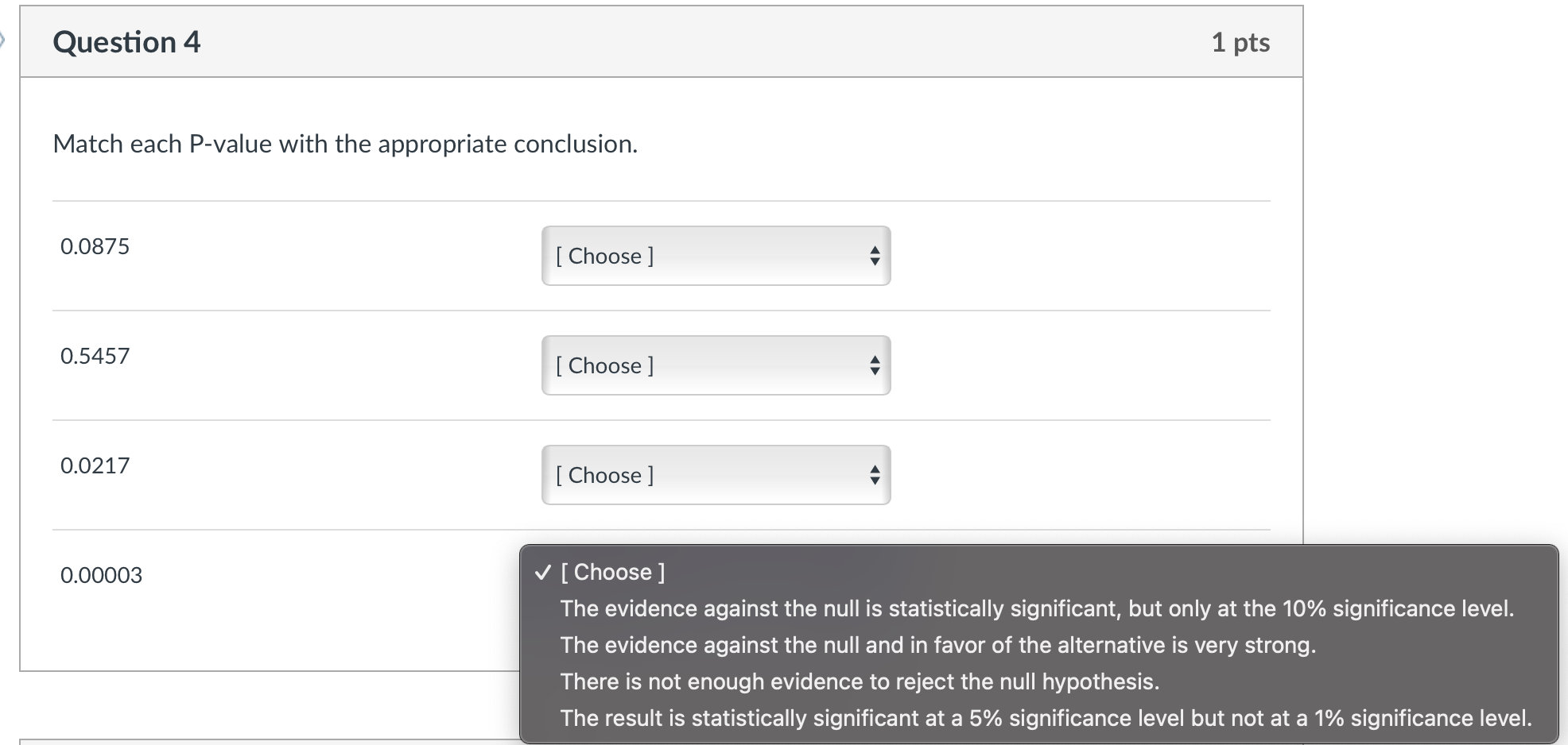 Solved \table[[Question 4,],[Match each P-value with the | Chegg.com