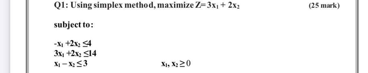 Solved Q1: Using simplex method, maximize Z=3x1 + 2x2 (25 | Chegg.com