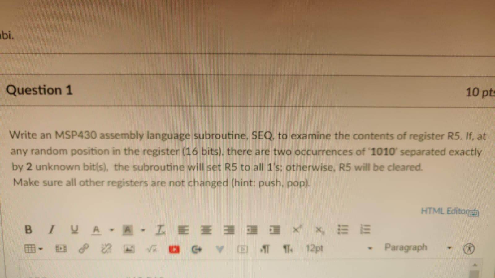 Bi Question 1 10 Pts Write An Msp430 Assembly 