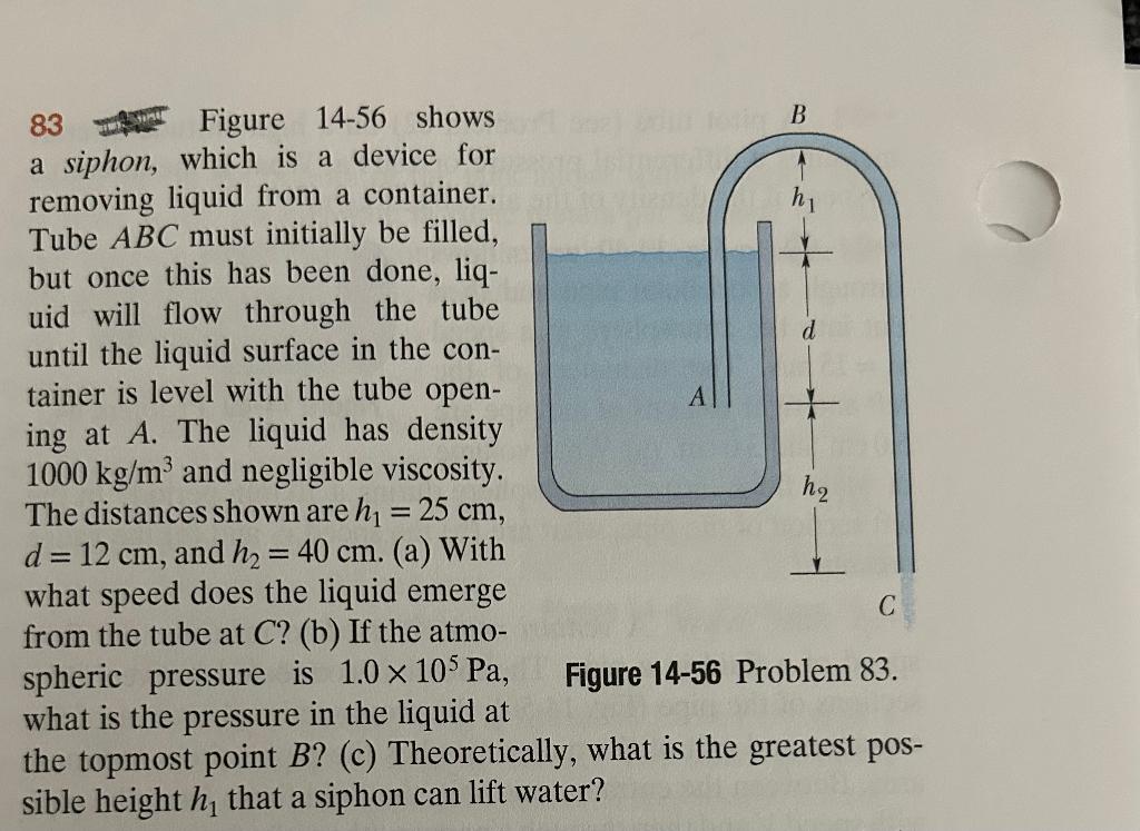 Solved 83 Figure 14−56 shows a siphon, which is a device for | Chegg.com