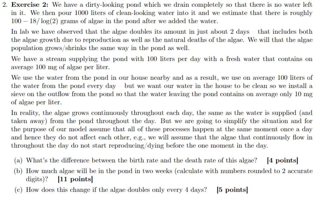 Solved 2. Exercise 2: We have a dirty-looking pond which we | Chegg.com