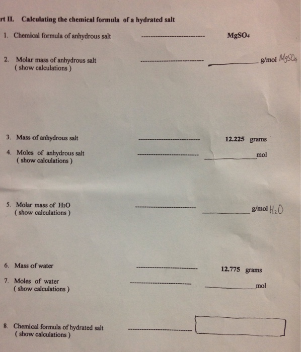 Solved Calculating the chemical formula of a hydrated salt | Chegg.com