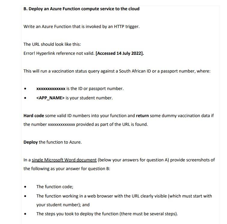 Solved B. Deploy an Azure Function compute service to the | Chegg.com