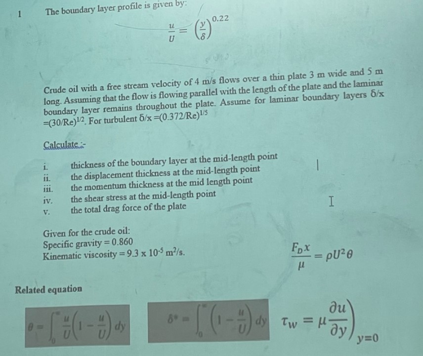 Solved 1 The boundary layer profile is given by: Uu=(δy)0.22 | Chegg.com