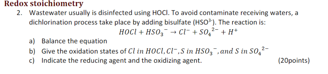 Solved Redox stoichiometry 2. Wastewater usually is | Chegg.com
