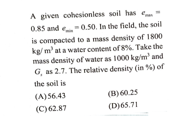 Solved = max A given cohesionless soil has e 0.85 and emin = | Chegg.com