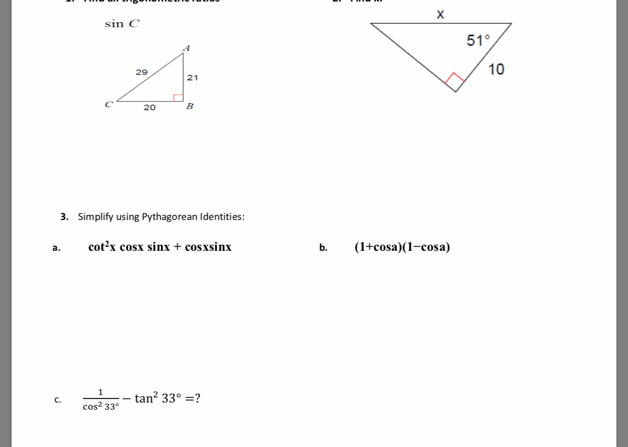 Solved b11 sin C 10 29 c 20 B 3. Simplify using Pythagorean | Chegg.com