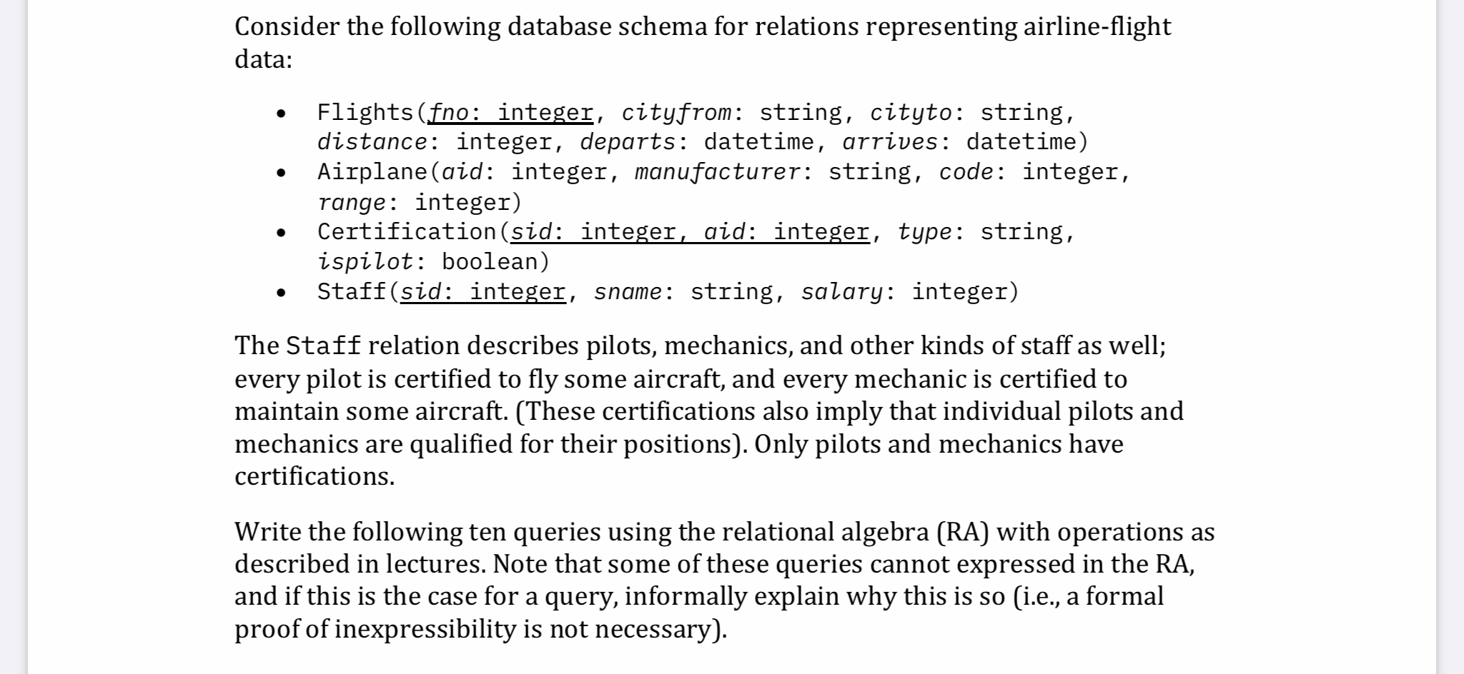 Consider the following database schema for relations | Chegg.com