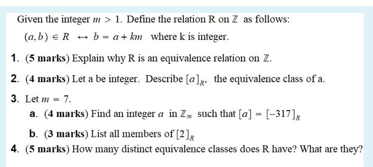 Solved Given the integer m > 1. Define the relation R on Z | Chegg.com
