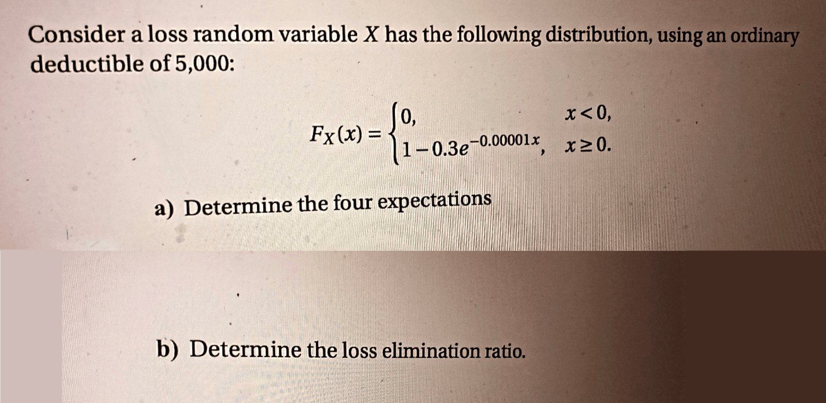 Solved Consider a loss random variable X has the following | Chegg.com